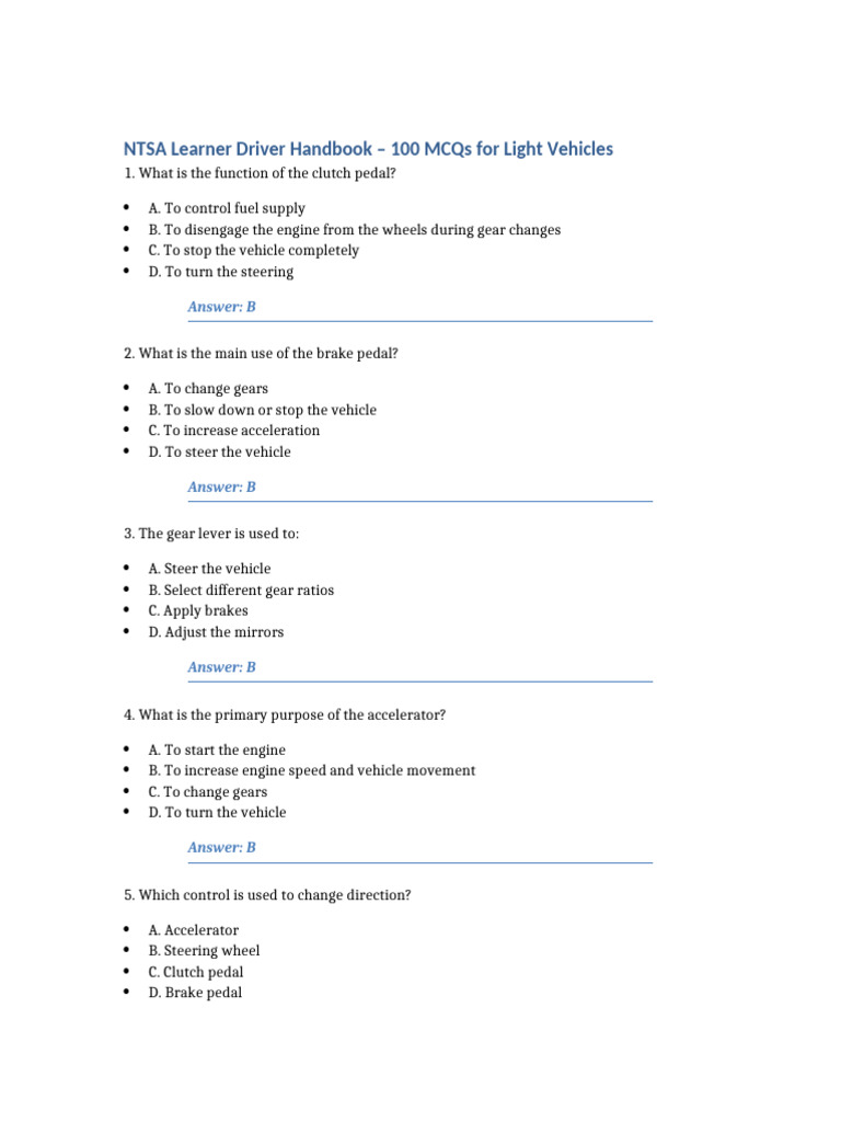 NTSA Learner Handbook 100 MCQs | PDF