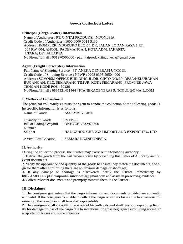 Goods Collectors Letter-2[1][1] | PDF | Bill Of Lading | Freight Transport