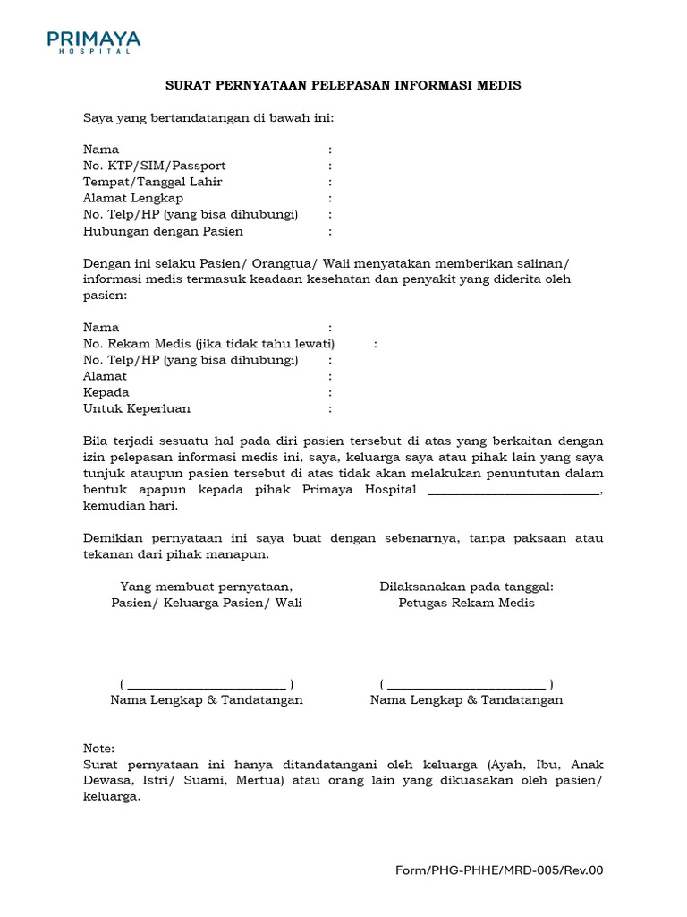 Form - Surat Pernyataan Pelepasan Informasi Medis Fix | PDF