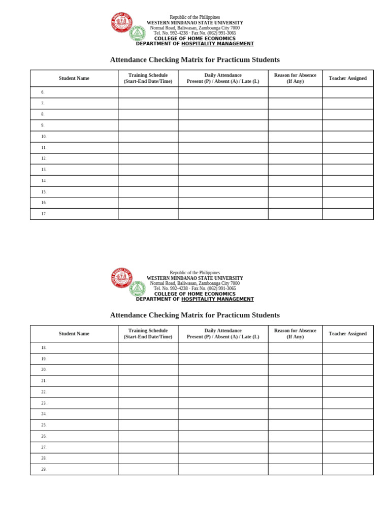 Attendance Checking Matrix For Practicum Students | PDF | Chess | Chess ...