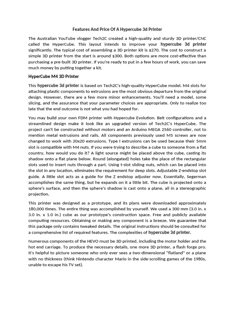 Features of A Hypercube 3d Printer | PDF | 3 D Printing