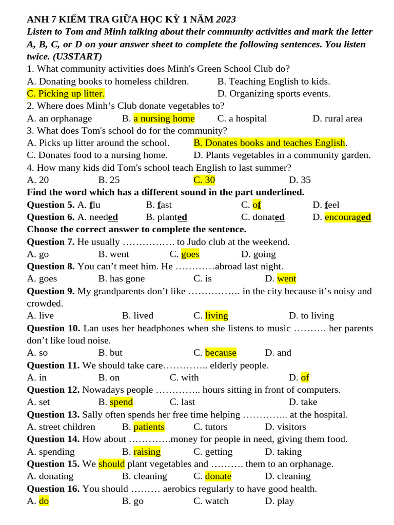 Anh 7-tổng hợp đề thi giữa HK1 - đáp án | PDF | Diet (Nutrition) | Diet & Nutrition