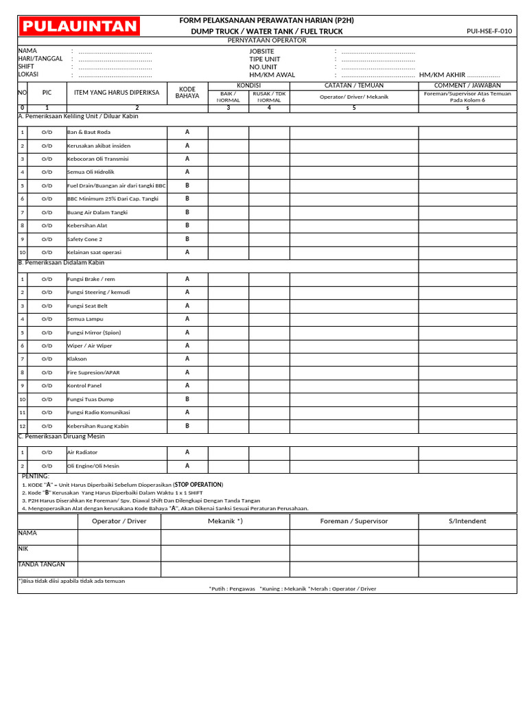 PUI-HSE-F-010 Formulir P2H Dump Truck (DT) | PDF