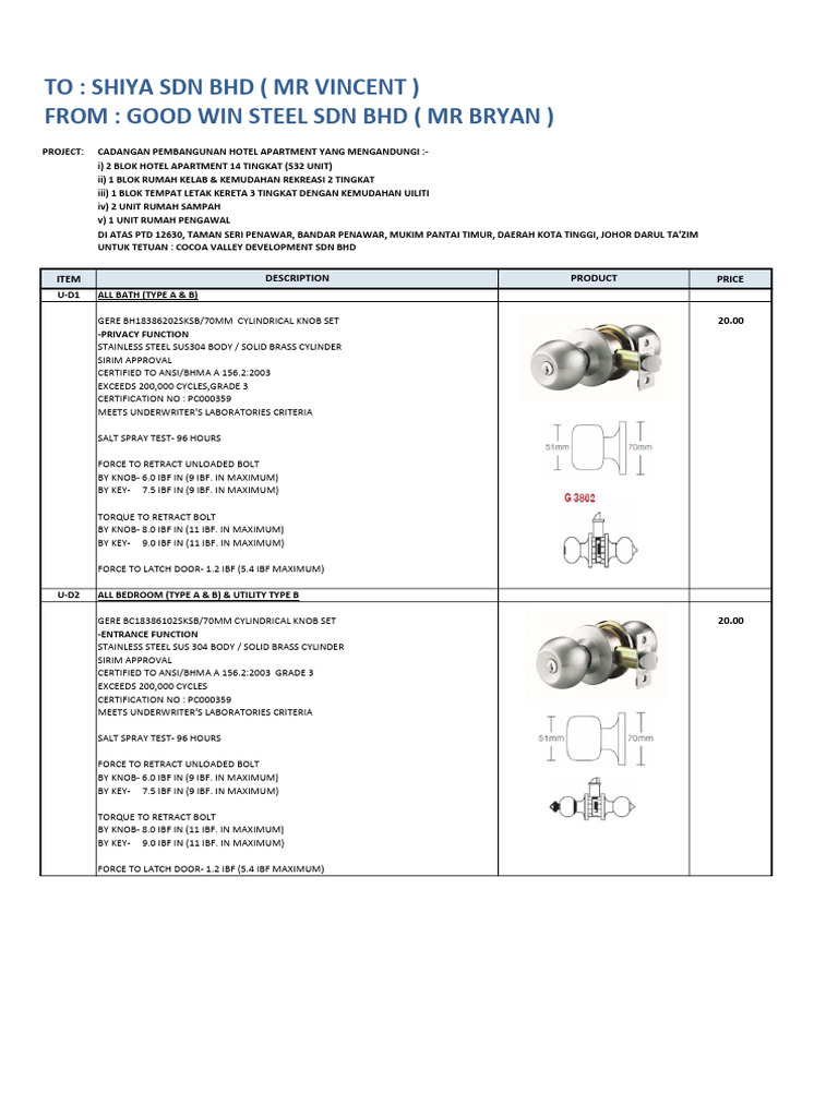 Desaru 532u Tap Lockset - Typical Unit & Common Area | PDF | Door | Screw
