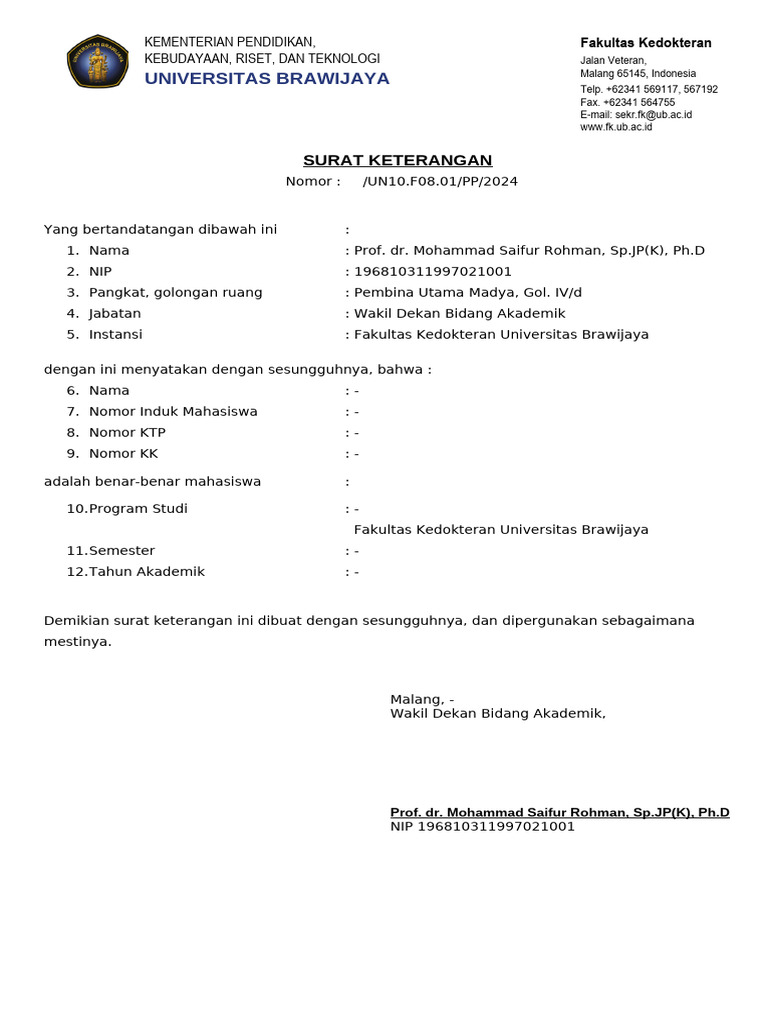 Surat Keterangan Mahasiswa FK UB | PDF