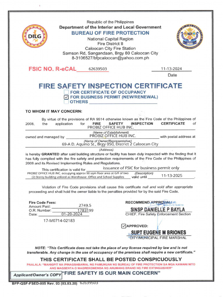 Fire Safety Inspection Certificate 2025 | PDF