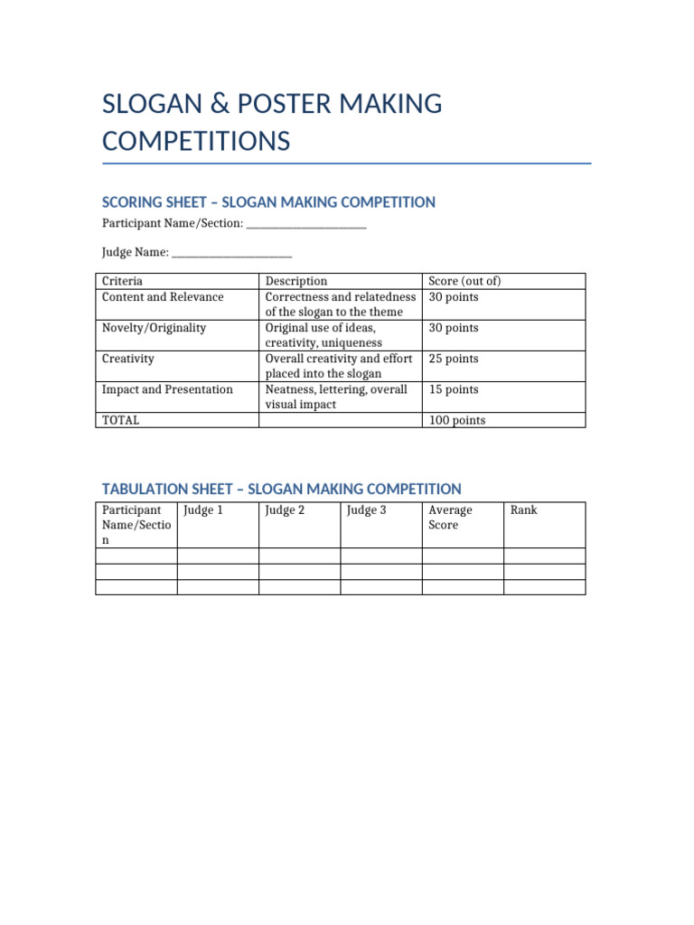 Slogan and Poster Competition Scoring Sheets | PDF