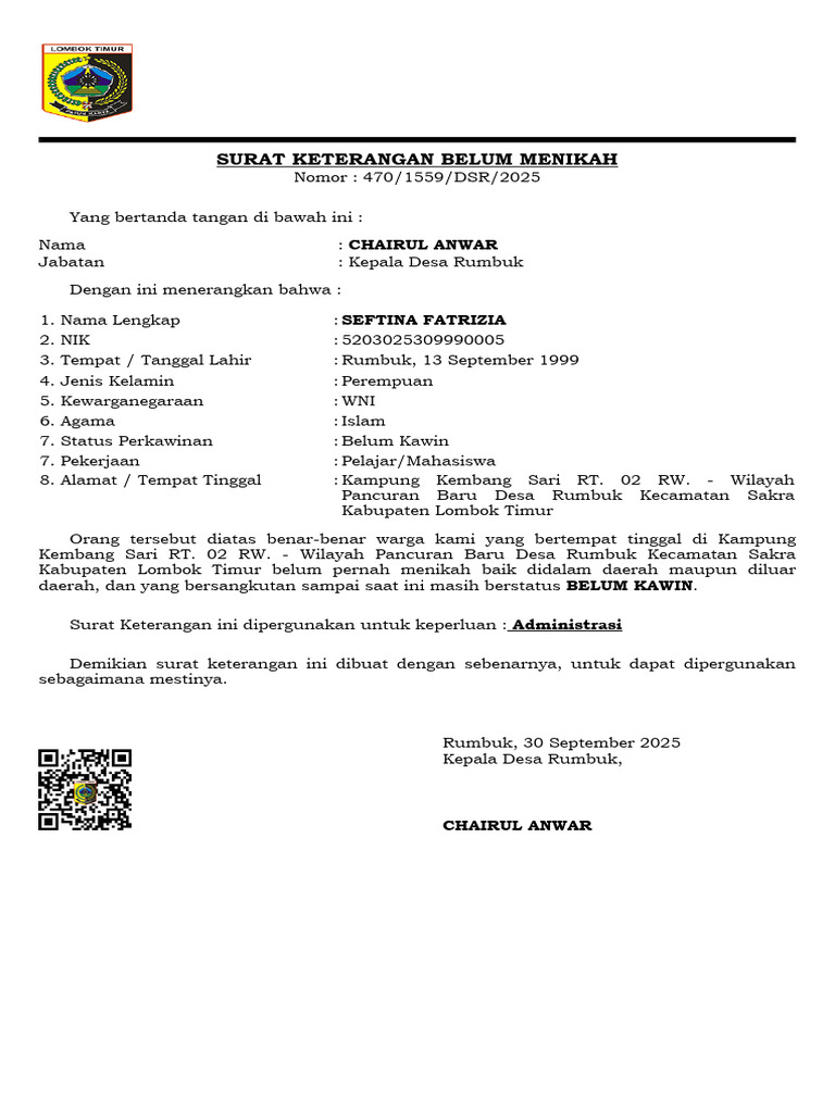 Surat Keterangan Belum Menikah - 5203025309990005 - 2025 09 30 - 1559 | PDF