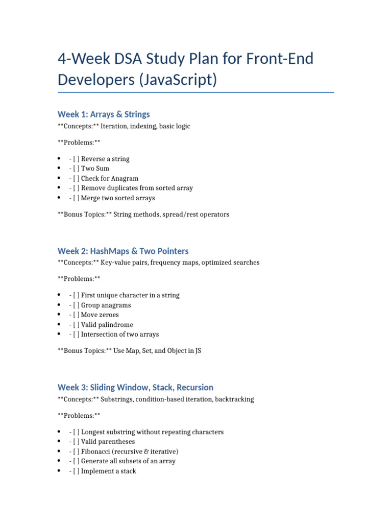 DSA Study Plan Frontend JS | PDF