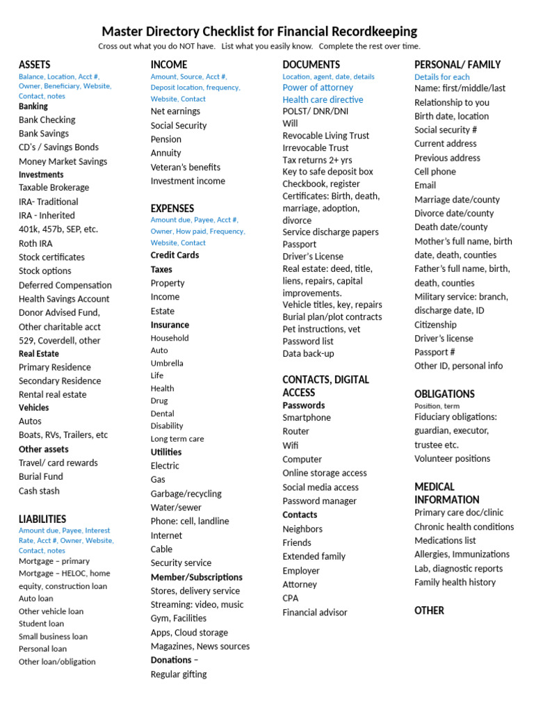 Sandra-Master Directory Checklist 2024 BH | PDF | Individual Retirement ...