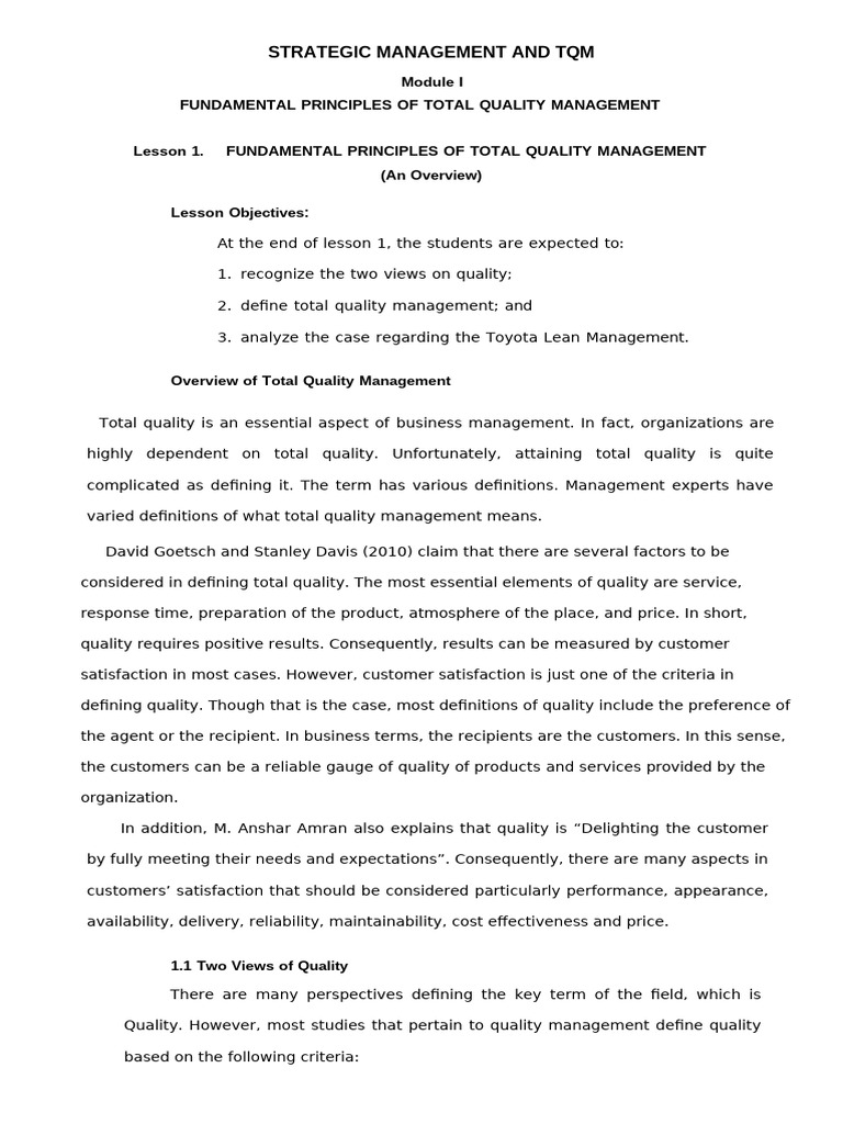 Strategic Management and TQM | PDF | Quality Management | Lean ...