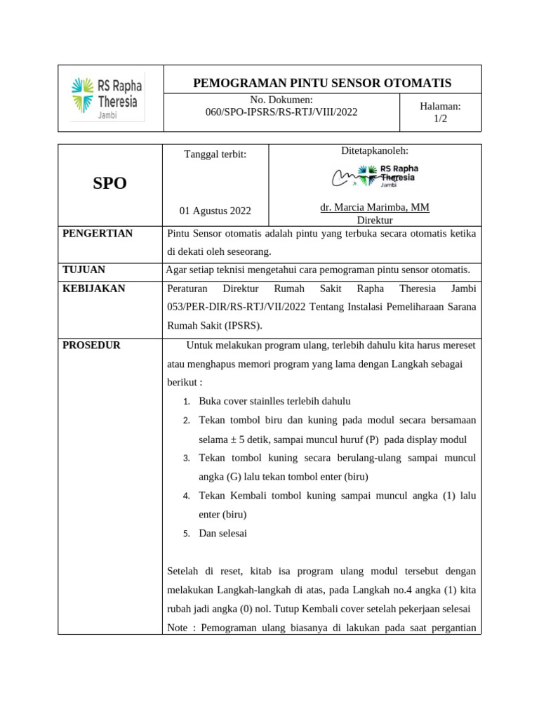 Sop Pemograman Pintu Sensor Otomatis | PDF