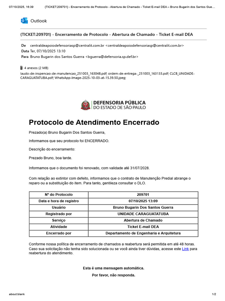 {TICKET 209701} Encerramento de Protocolo Abertura de Chamado Ticket E ...