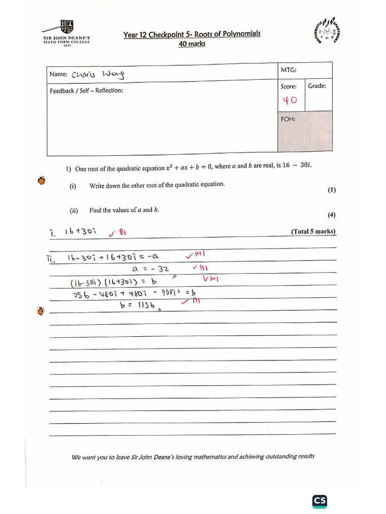 Further Maths Checkpoint 5 Marked | PDF