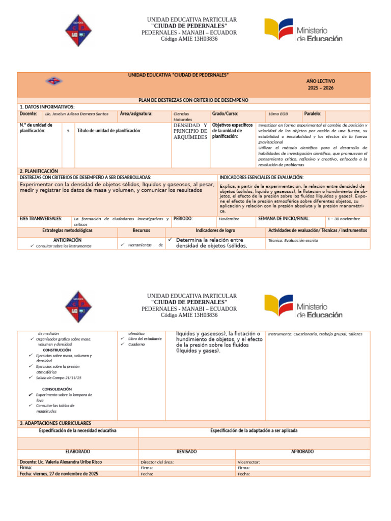 Planificacion 10mo Ccnn. Noviembre | PDF | Densidad | Presión
