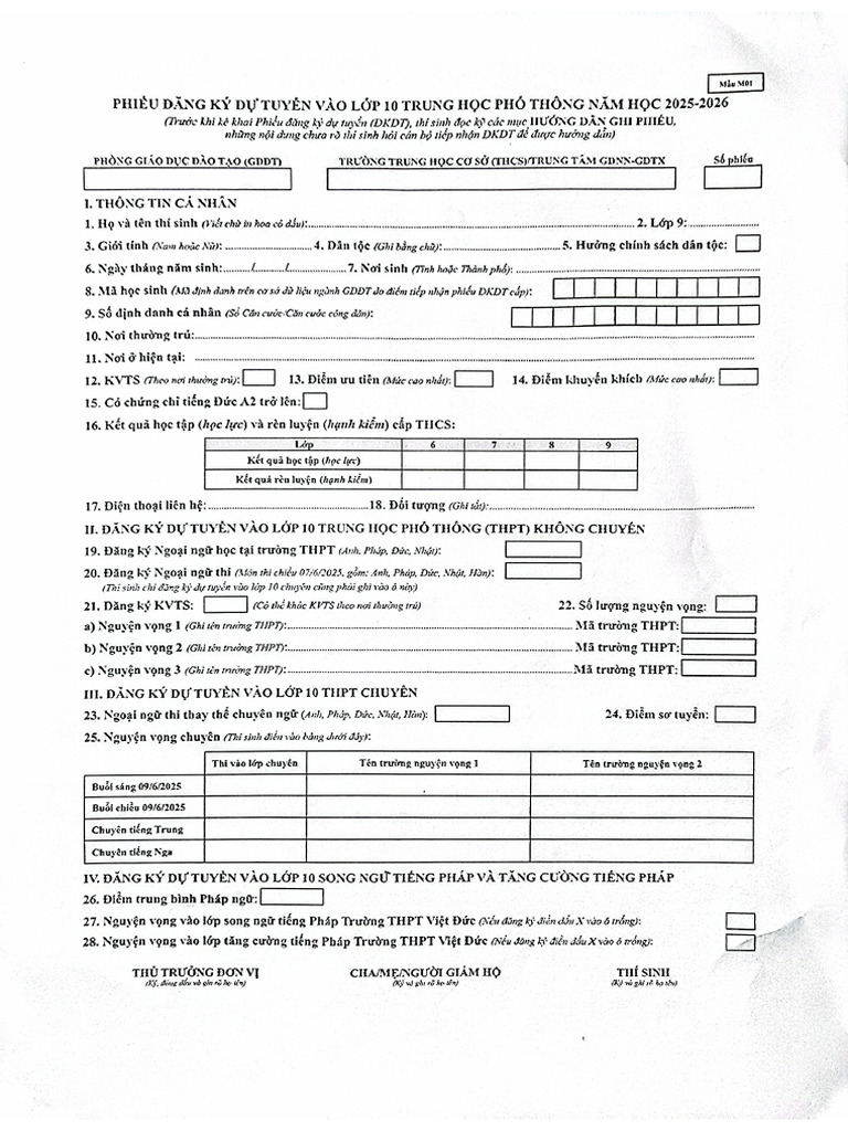 Phiếu Đăng Kí Dự Tuyển Vào 10 Thpt Năm Học 2025-2026 | PDF