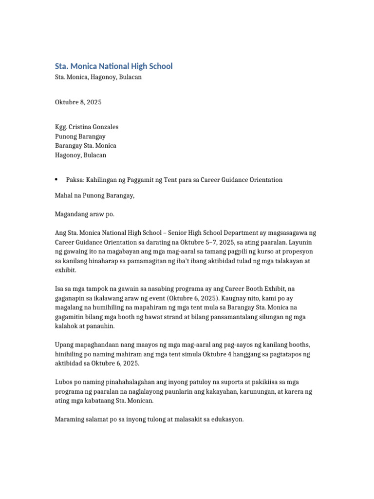 Request Letter Tent Career Guidance Orientation | PDF