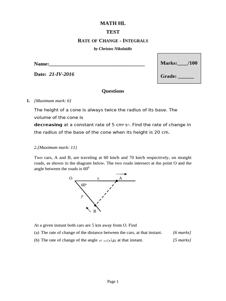 (Mixed Calc) TEST 5. Integrals-Rate of Change (2016) - 2 | PDF