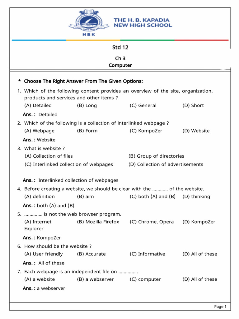 STD 12 Computer CH 3 Assignment - 1 | PDF | World Wide Web | Internet & Web