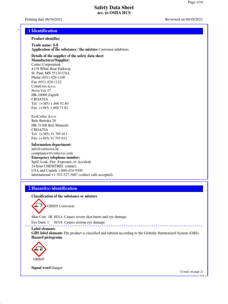 Cortec S-8_(USA) MSDS | PDF | Working Conditions | Safety