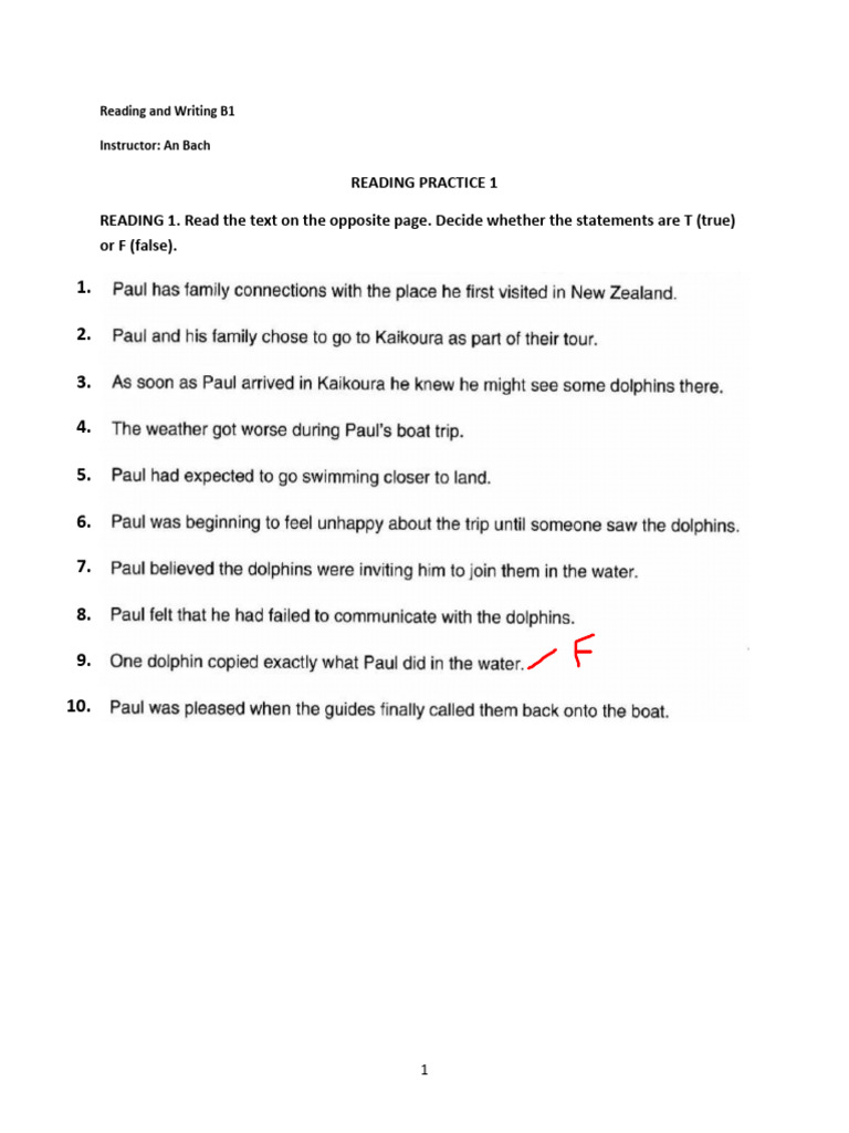 Reading and Writing B1 - Practice 1 | PDF