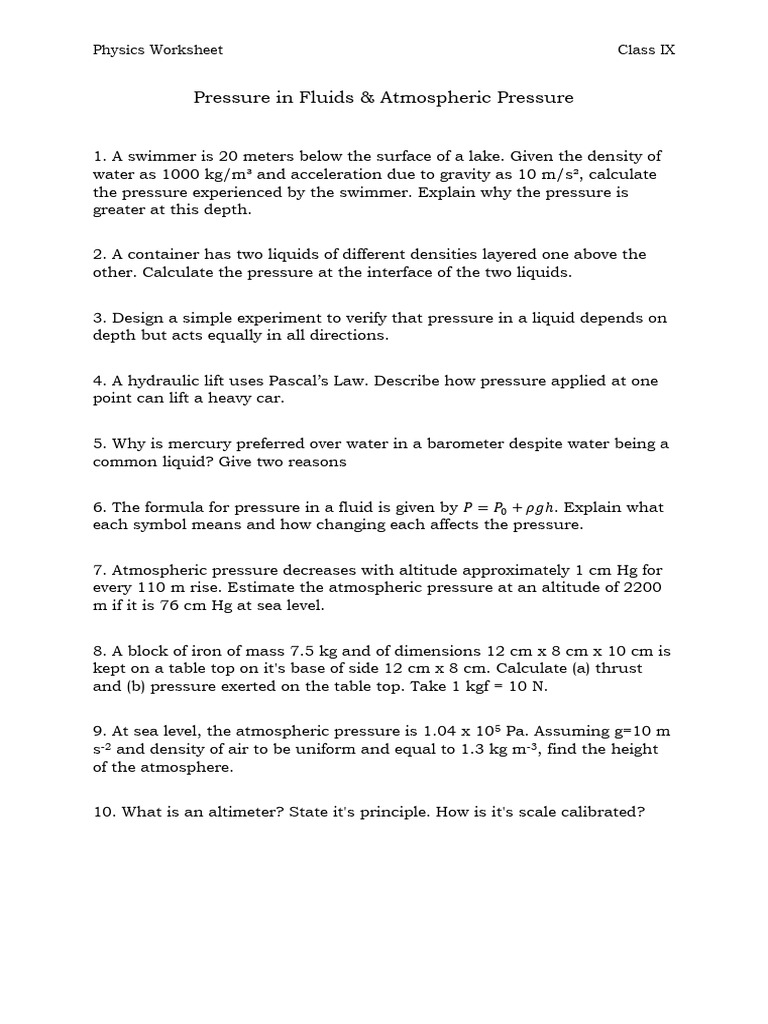 Class IX Physics: Fluid Pressure Concepts | PDF