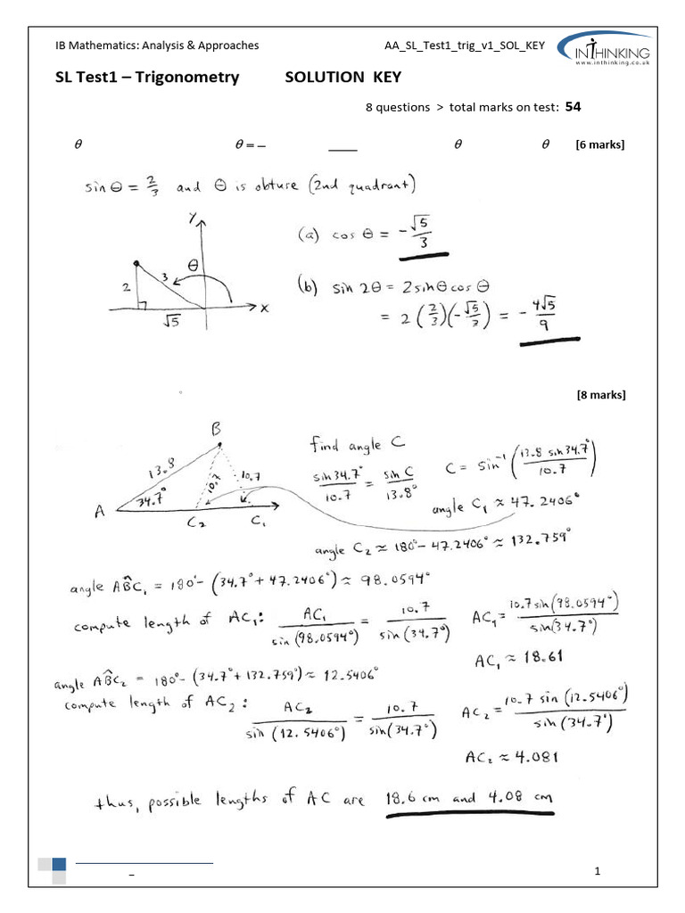 IB Math SL Trigonometry Test Solutions | PDF | Trigonometry ...