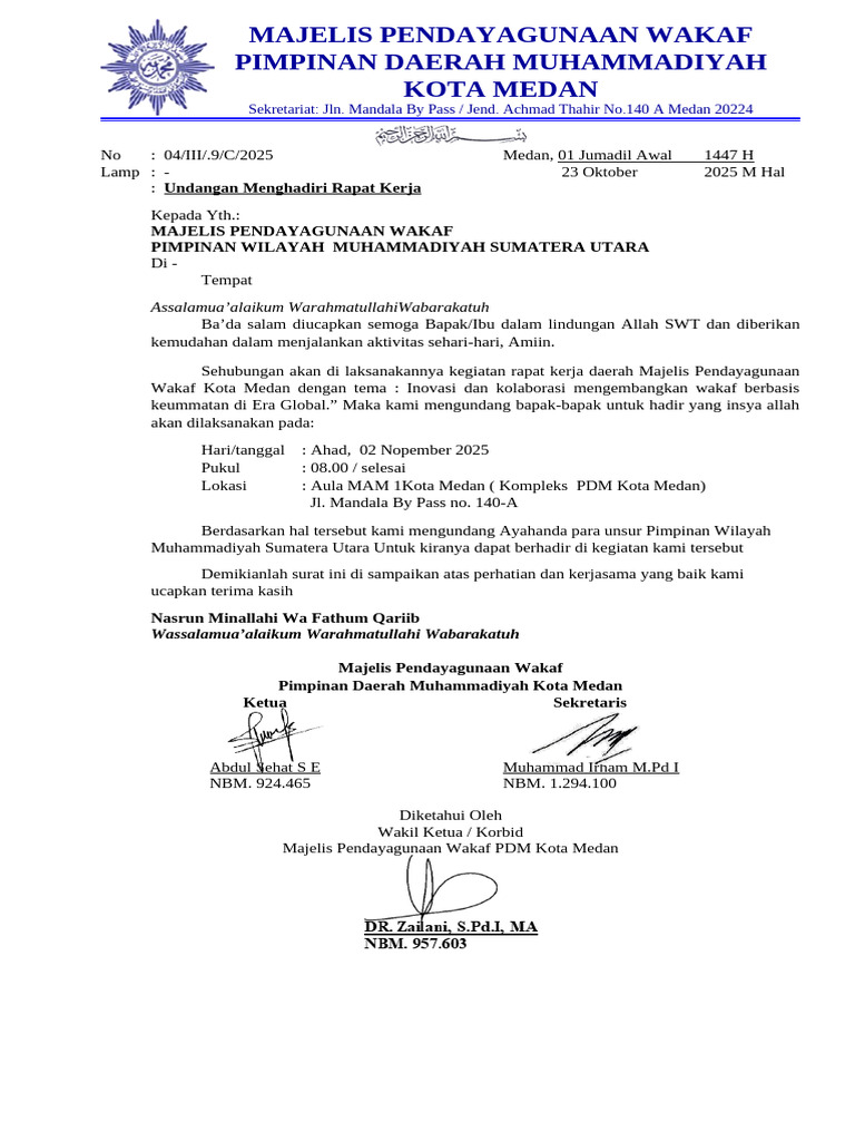 Undangan Rapat Kerja Wakaf Medan | PDF