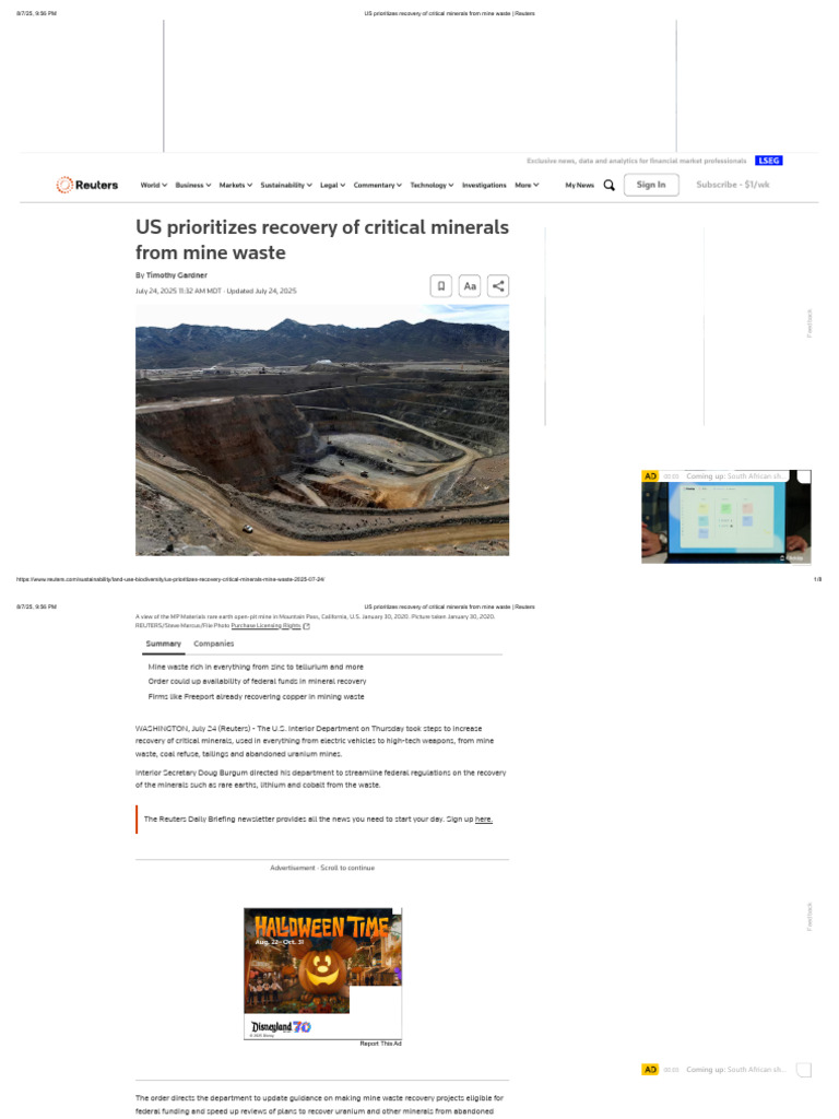 US prioritizes recovery of critical minerals from mine waste _ Reuters ...