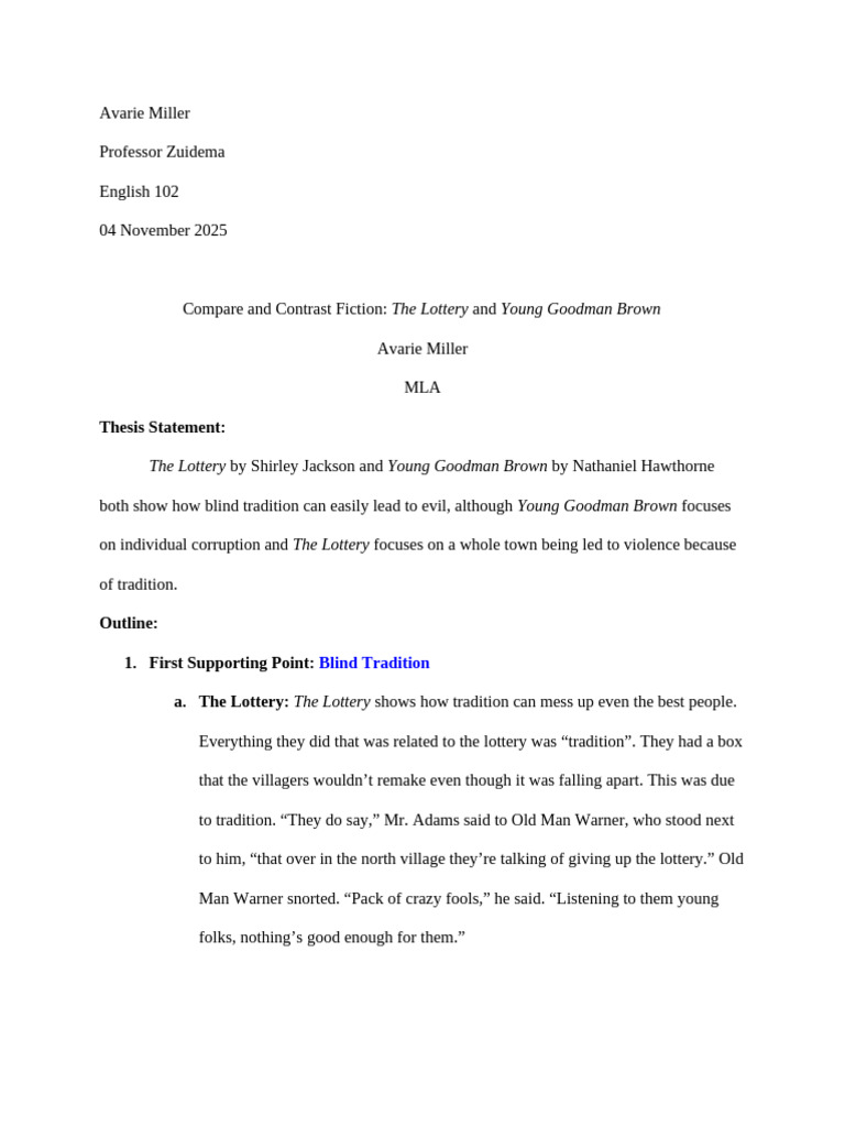 Compare and Contrast Fiction - The Lottery and Young Goodman Brown | PDF