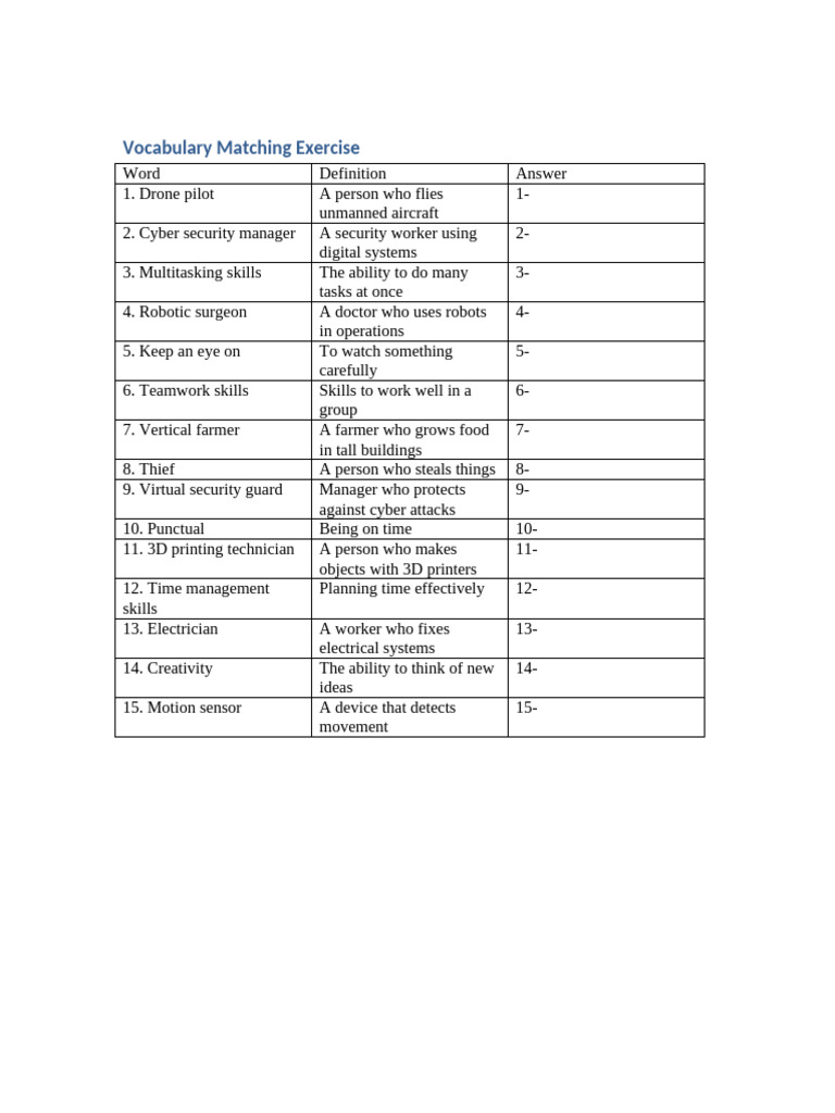 Vocabulary Matching Exercise | PDF