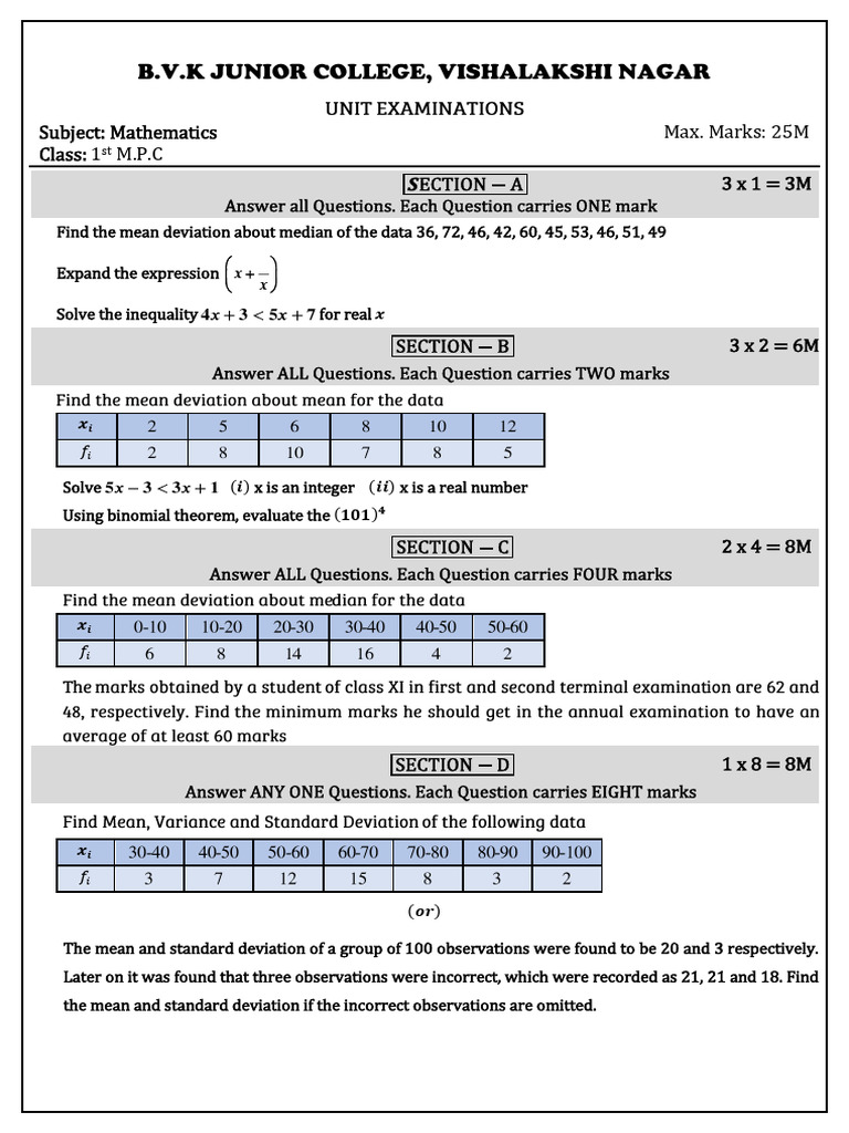 1st MPC Maths Unit QP | PDF