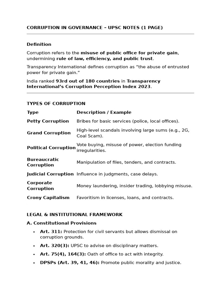Corruption in Governance: UPSC Notes | PDF | Corruption | Political ...