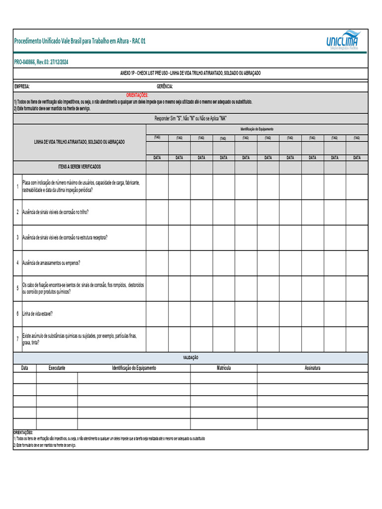 Check List Pré Uso: Linha de Vida | PDF