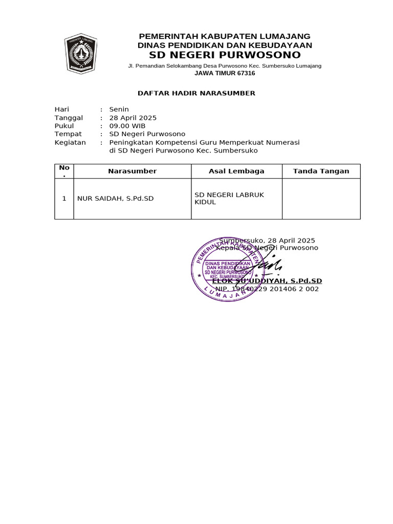 Daftar Hadir Dan Tanda Terima Narsum | PDF