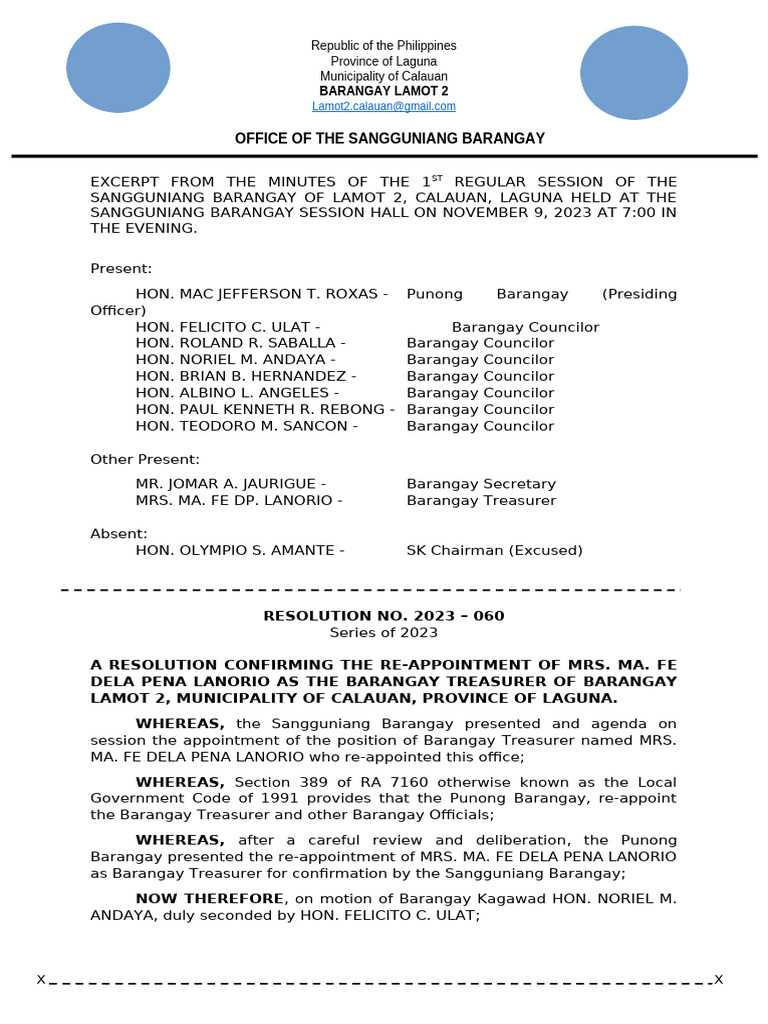 Re-Appointment of Barangay Treasurer | PDF