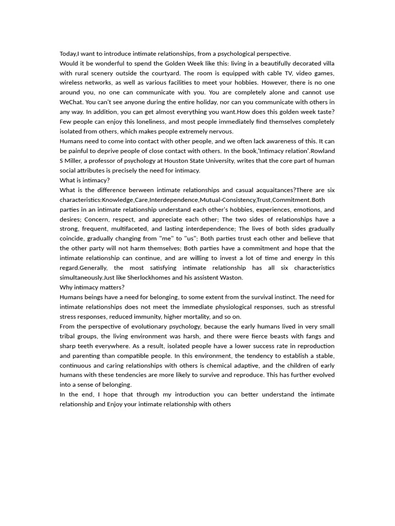 Intimacy Relationship | PDF | Intimate Relationships | Social Psychology