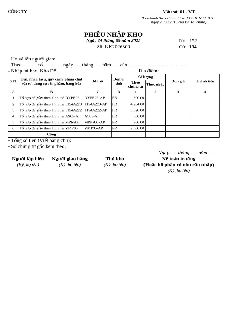 01 VT Phieu Nhap Kho (2) | PDF