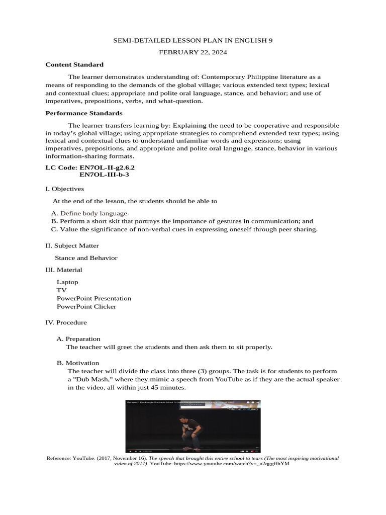 English 9 Lesson Plan on Body Language | PDF | Nonverbal Communication ...