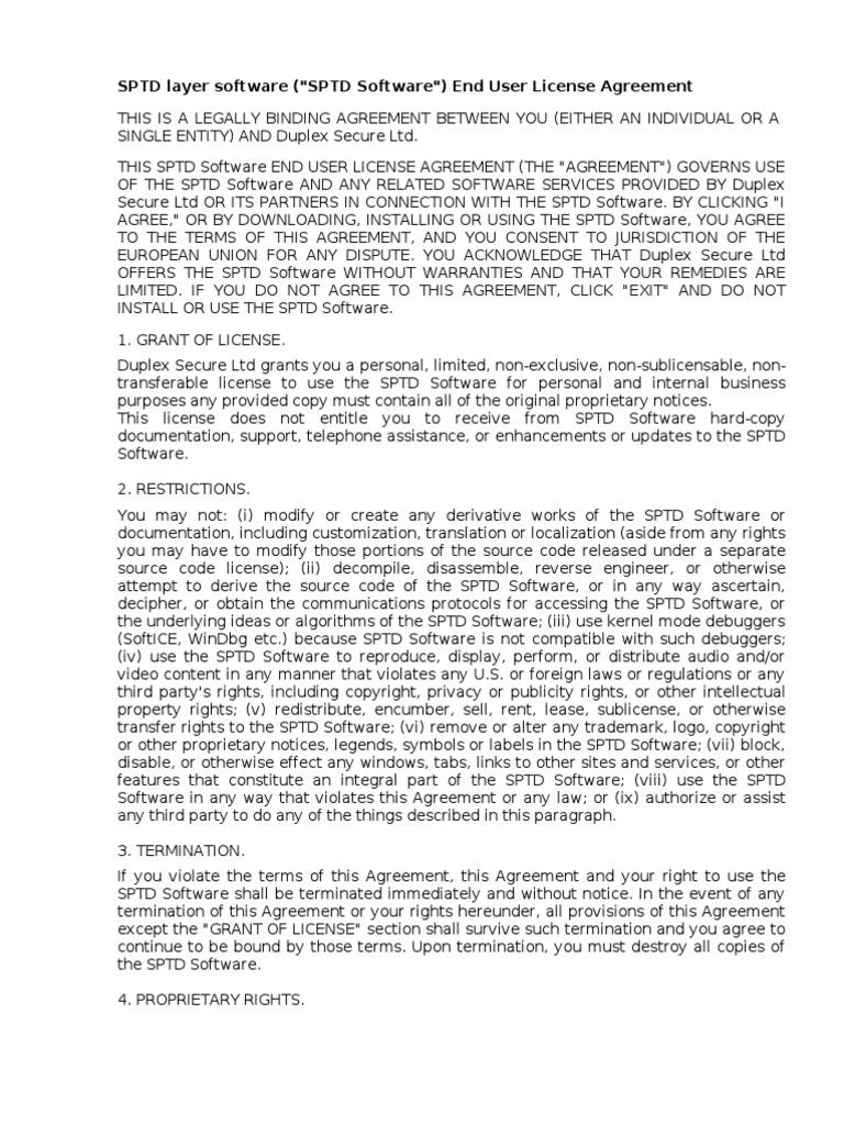 SPTD Layer Software ("SPTD Software") End User License Agreement | PDF