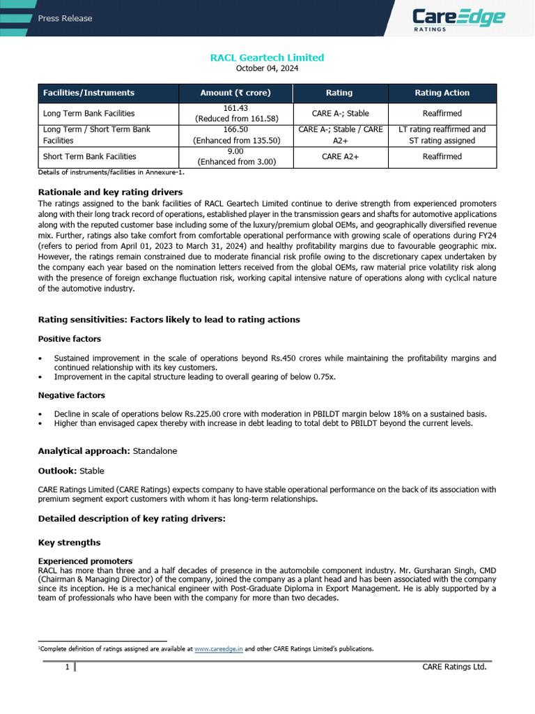 RACL Geartech Ltd. Rating Update 2024 | PDF | Foreign Exchange Market ...
