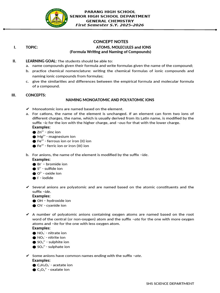 Concept Notes For Lesson 4 - Formula Writing and Naming of Compounds ...