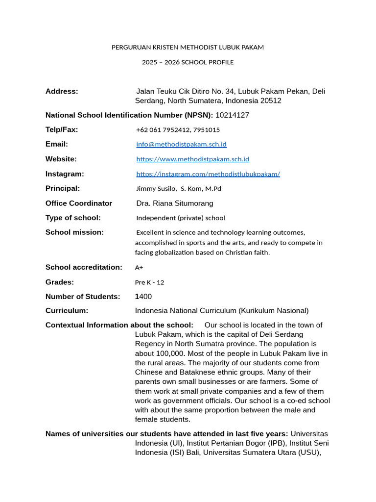 Methodist Lubuk Pakam School Profile 2025-2026 | PDF