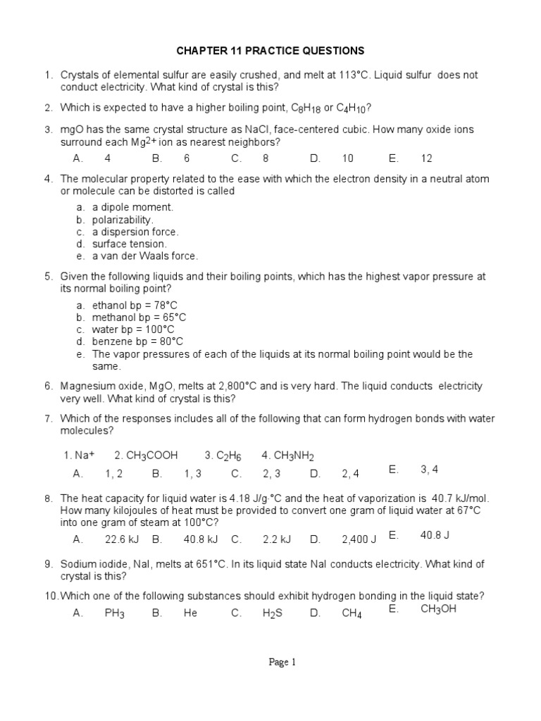 CH 11 Practice Questions | PDF | Properties Of Water | Intermolecular Force