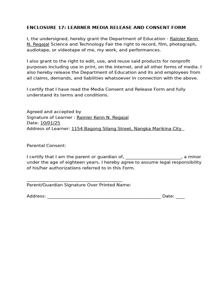 Enclosure 17 Learners Media Release Form 1 | PDF