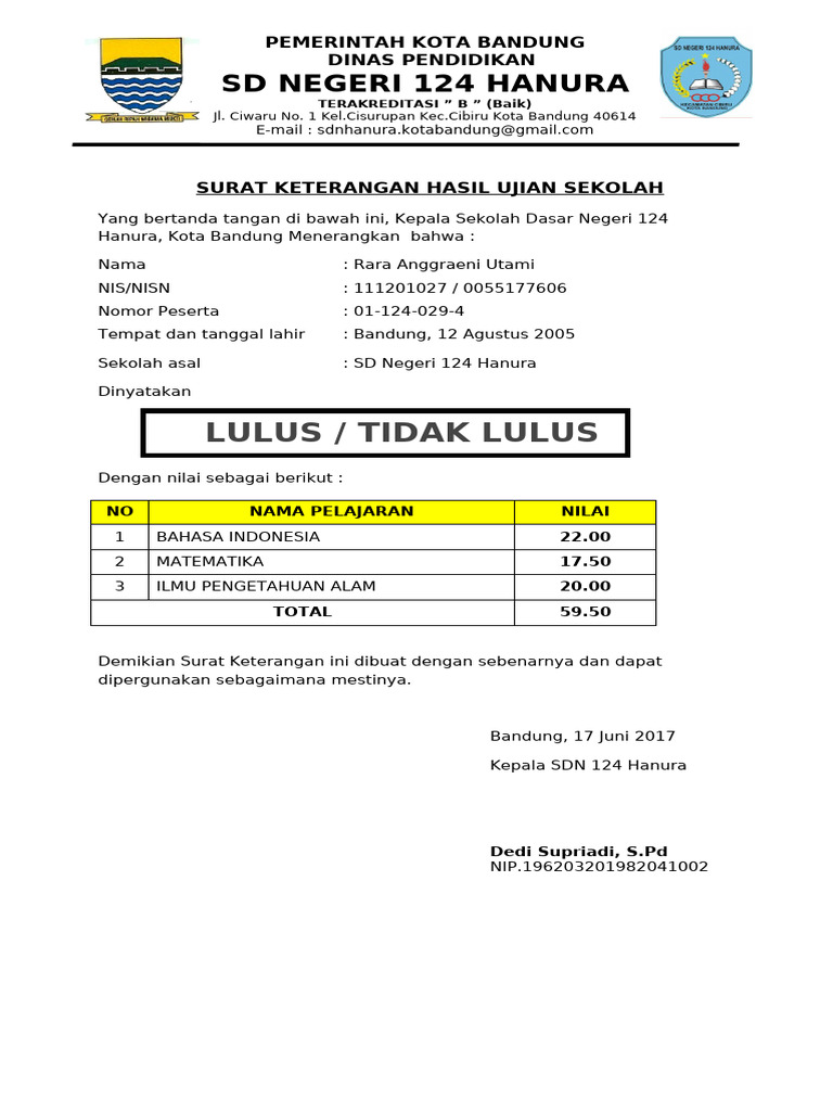 Surat Keterangan Hasil Ujian SD Hanura | PDF