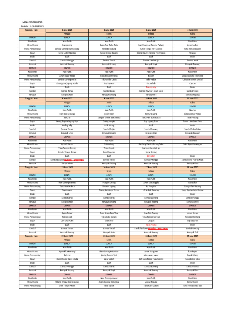 Cycle Menu RDMP June 2025 | PDF