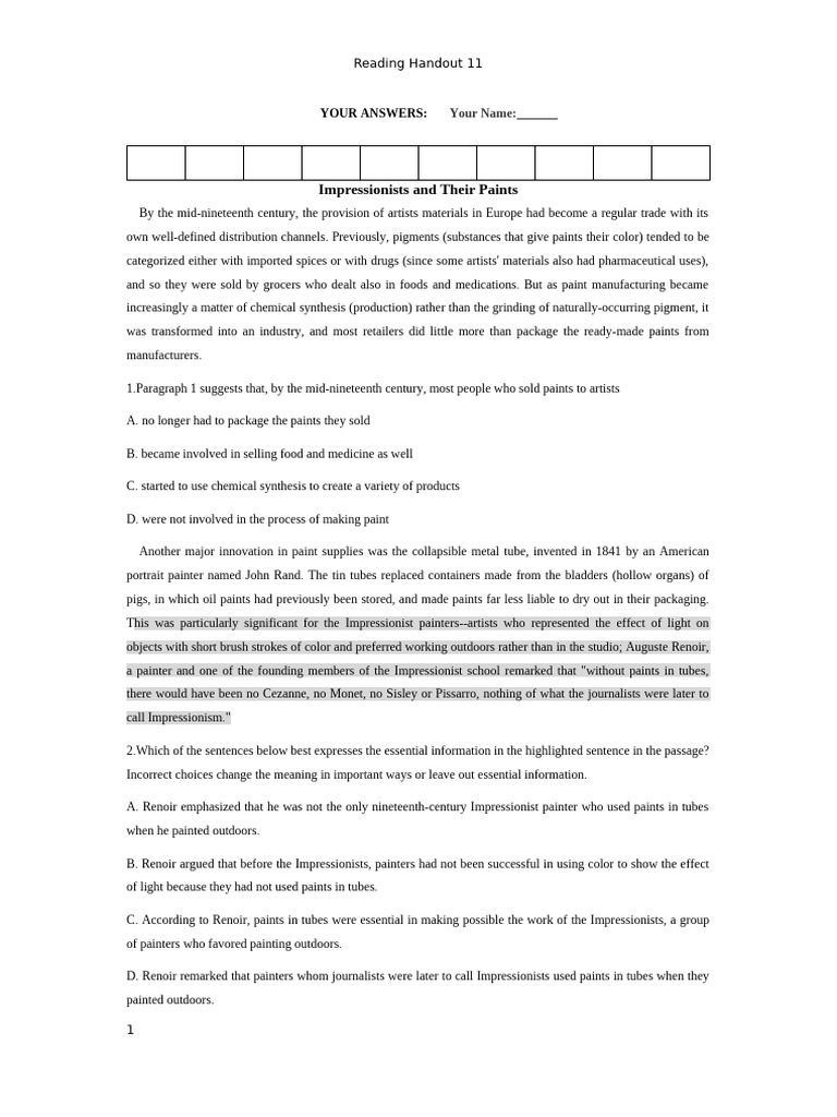2400 Reading Handout 11 | PDF | Impressionism | Paintings