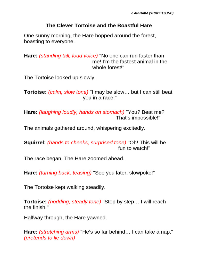STORYTELLING 6ANNAIM - The Clever Tortoise and The Boastful Hare | PDF