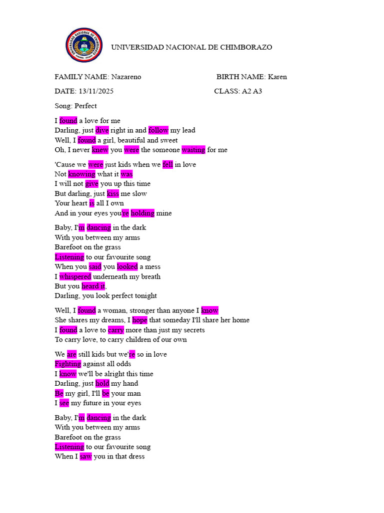 Nazareno Karen - Practicing Verbs With A Song - U2 - L1 | PDF